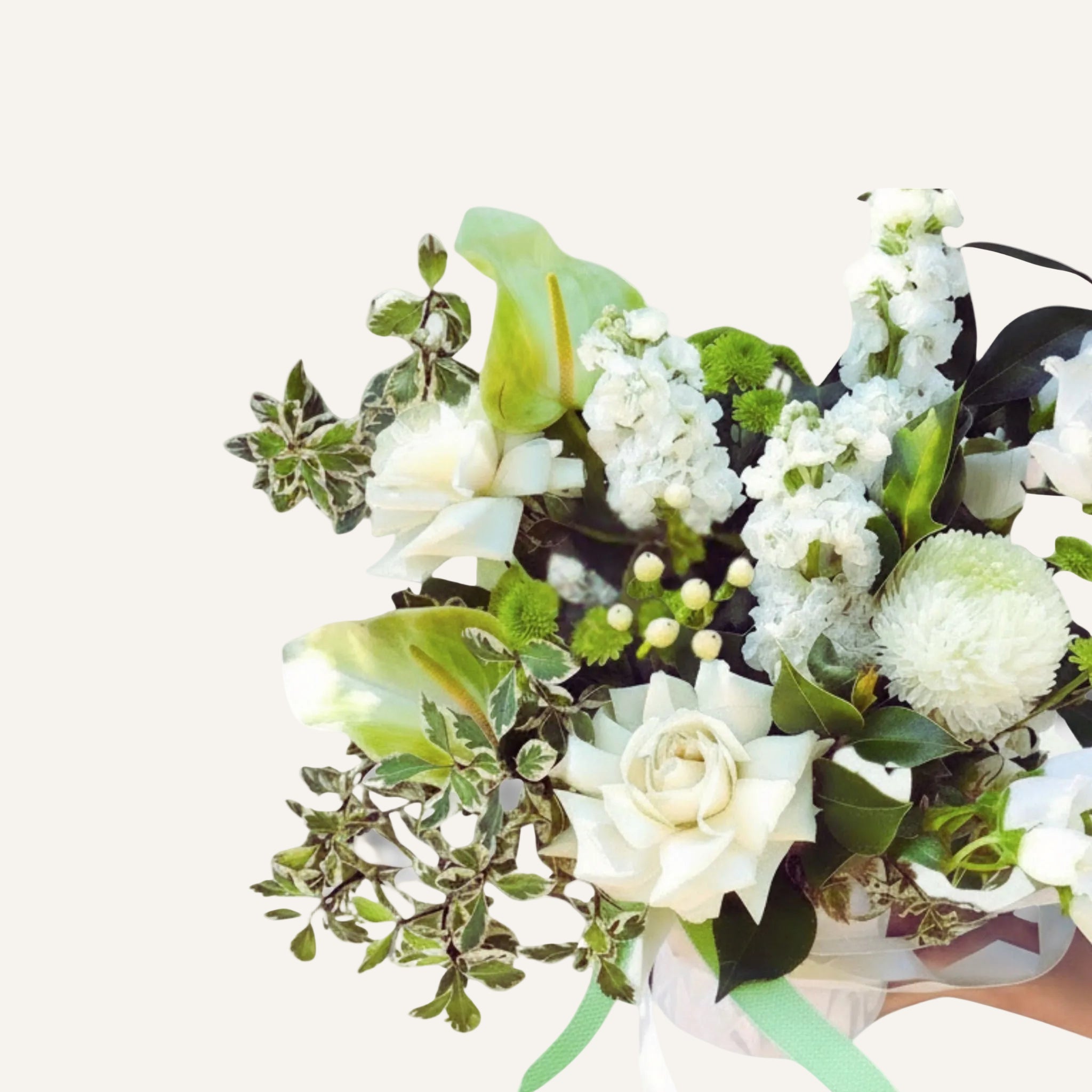 Inner Peace – white roses, disbuds & seasonal flowers in a ceramic pot ...